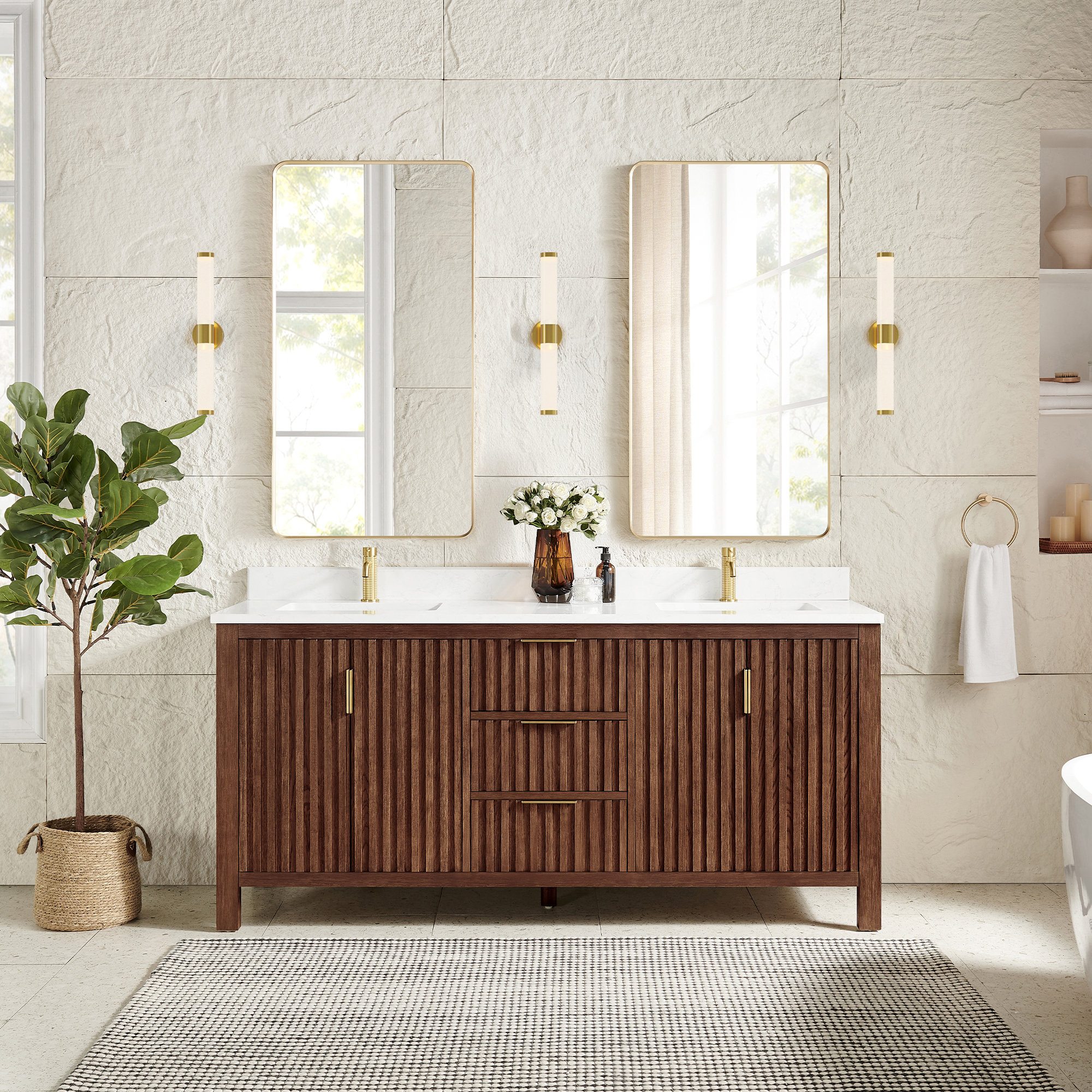 Ebern Designs Charnley 72" Double Bath Vanity with White Grain Composite Stone Top | Wayfair